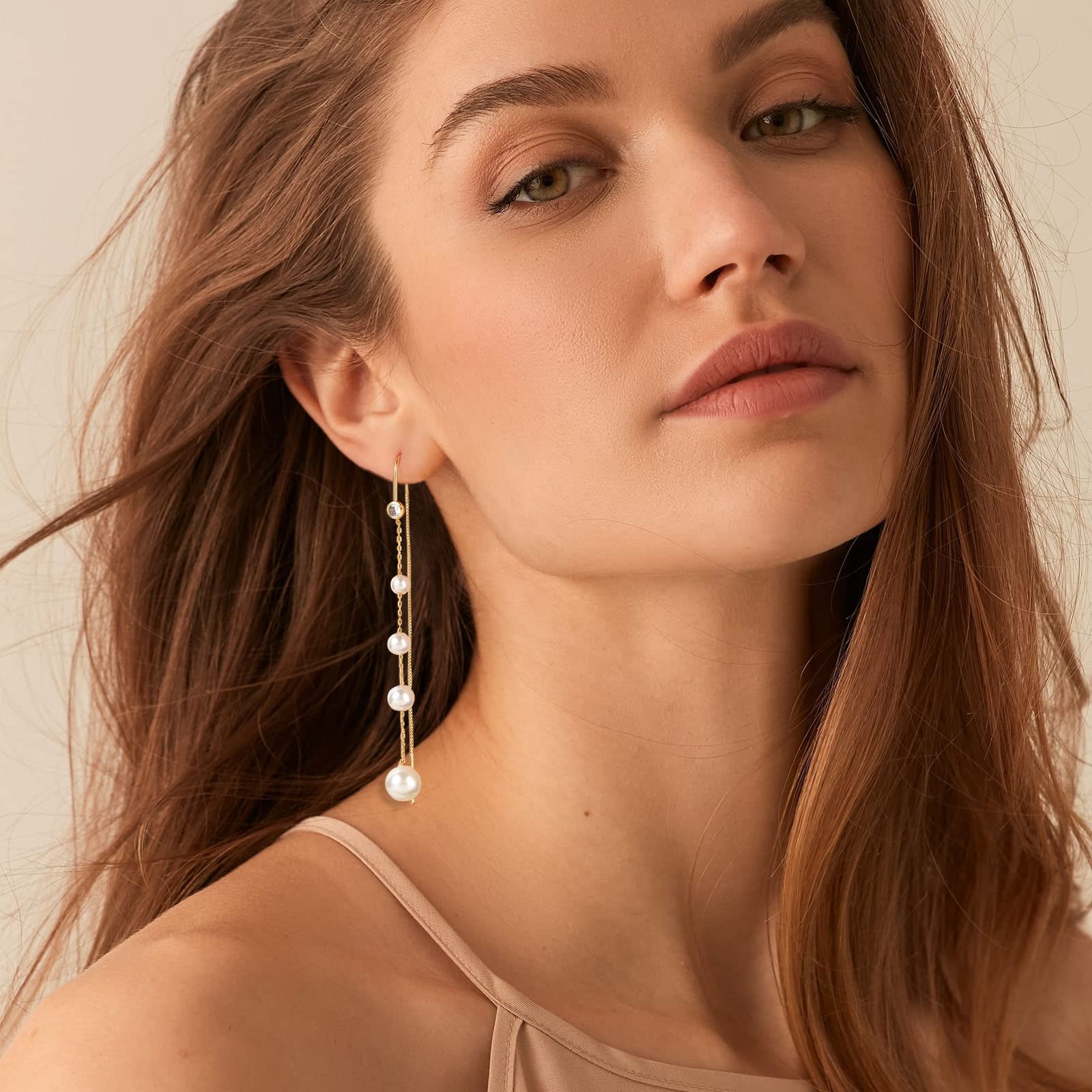 Pearl Threader Earrings for Women, 18k Gold Plated Long Drop Earrings Dangle Tassel Chain Statement Jewelry