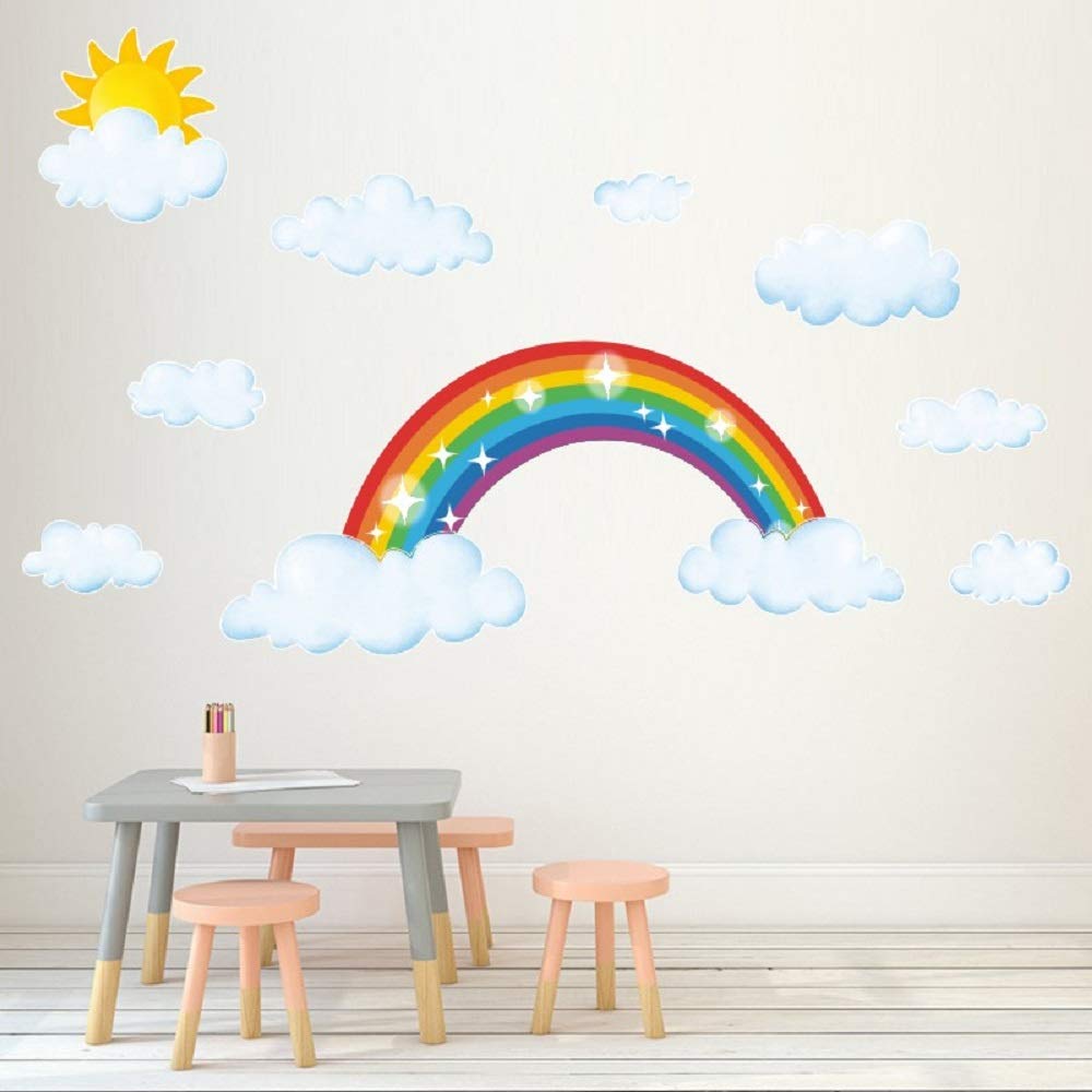 Large Sparkling Rainbow Wall Decal 21.6 x43.7inch, Rainbow Cloud Sun Wall Sticker, Peel and Stick Removable Rainbow with Sun Clouds Wall Stickers Wall Mural for Kids Nursery Bedroom