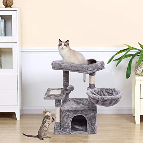 SYANDLVY Cat Tree for Indoor Cats, Activity Tower with Scratching Posts & Board, Modern Kitten Condo with Plush Perch, Hammock & Hanging Ball for Play (Light Grey)