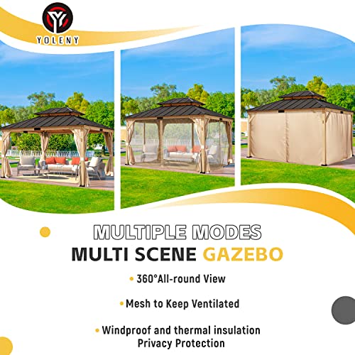 YOLENY 11' x 13' Solid Spruce Wood Gazebo, Hardtop Gazebo with Coated Wood Frame, Waterproof Asphalt Double Roof, Nettings and Curtains for Lawns, Gardens, Decks, and Patios