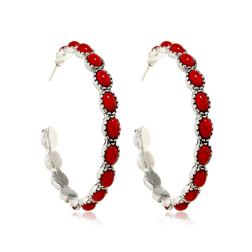 Pingyongchang Boho Turquoise Hoop Earrings for Women Natural Stone Teardrop Beaded Western Cowgirl Statement Earrings Vintage Ethnic Jewelry Gift-Red