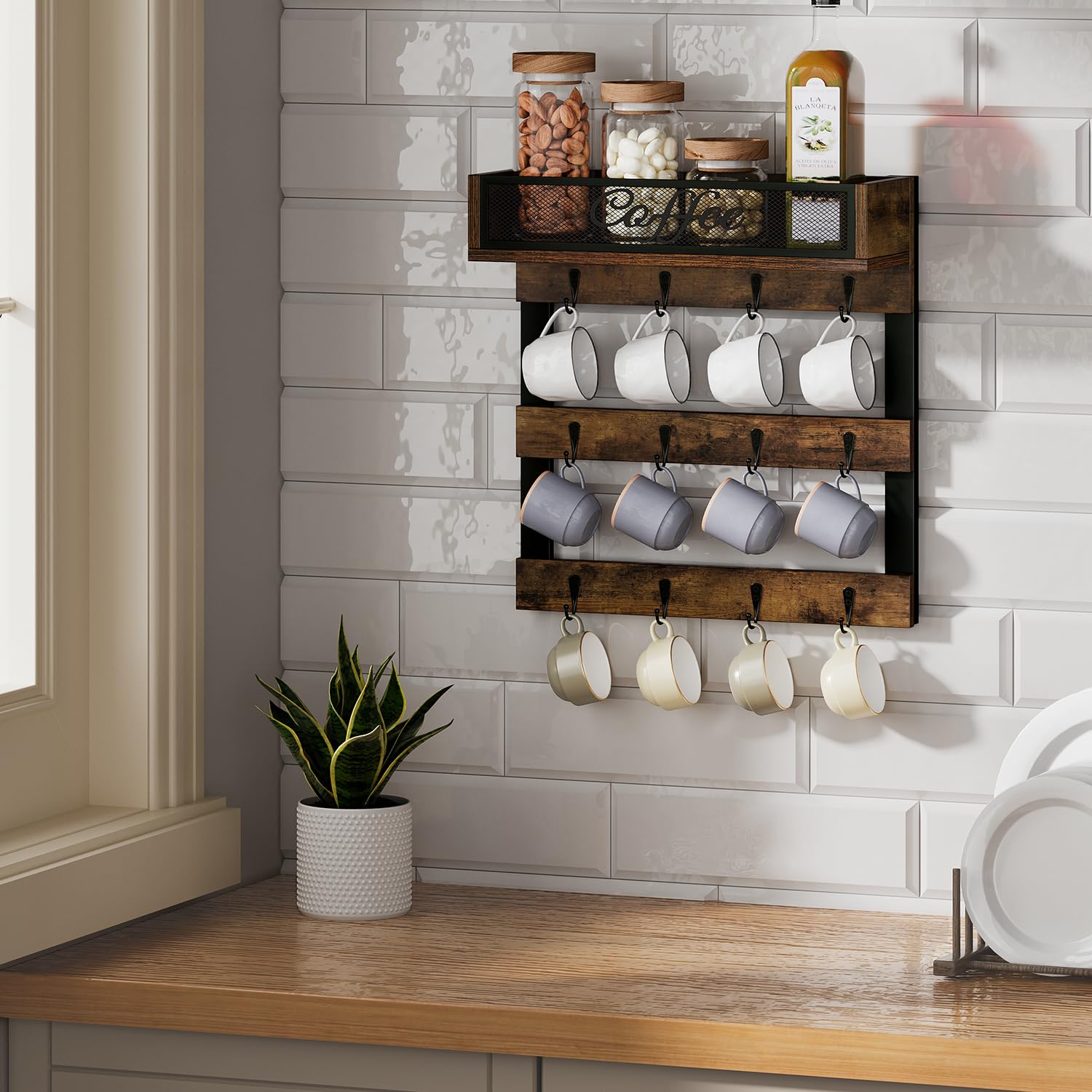 YINMIT Coffee Mug Rack Wall Mounted,Coffee Cup Holder with 12 Hooks,Wood Mug Organizer with Top Shelf for Coffee Beans,Sugar Jar,3-Tier Mug Display for Home,Office,Kitchen