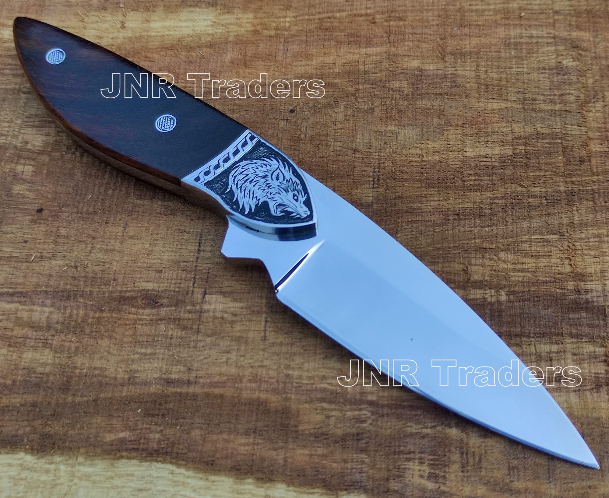 JNR Traders Handmade Hunting Knife With Sheath Mirror Polished D2 Steel 4 Inch Blade Engraved Deocrative Wood Handle 3749