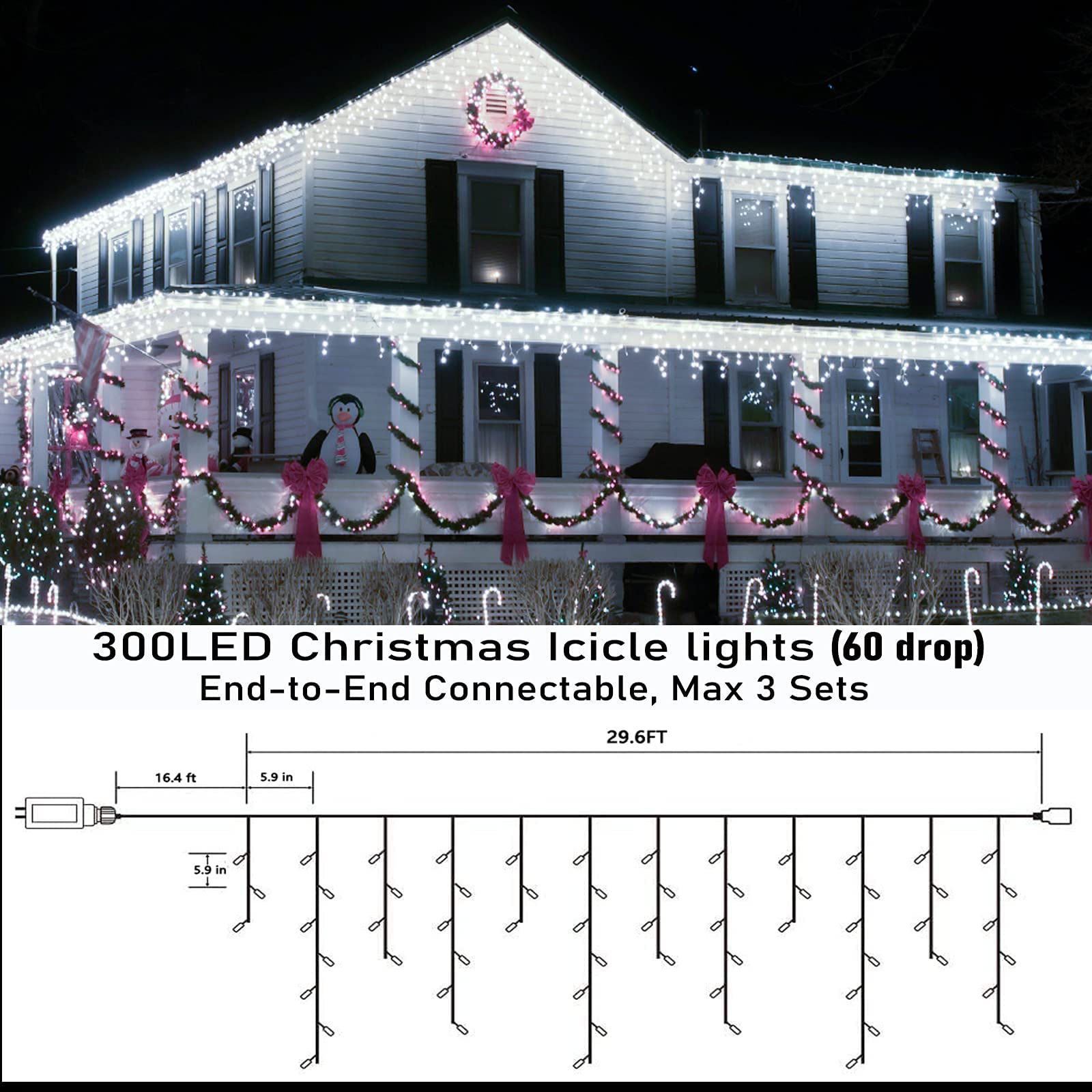 Joomer Christmas Icicle Lights,300 LED 29ft 8 Modes with 60 Drops,Christmas Lights with Timer,Waterproof Connectable Outdoor String Lights for Holiday,Wedding,Party Christmas Decorations(White)