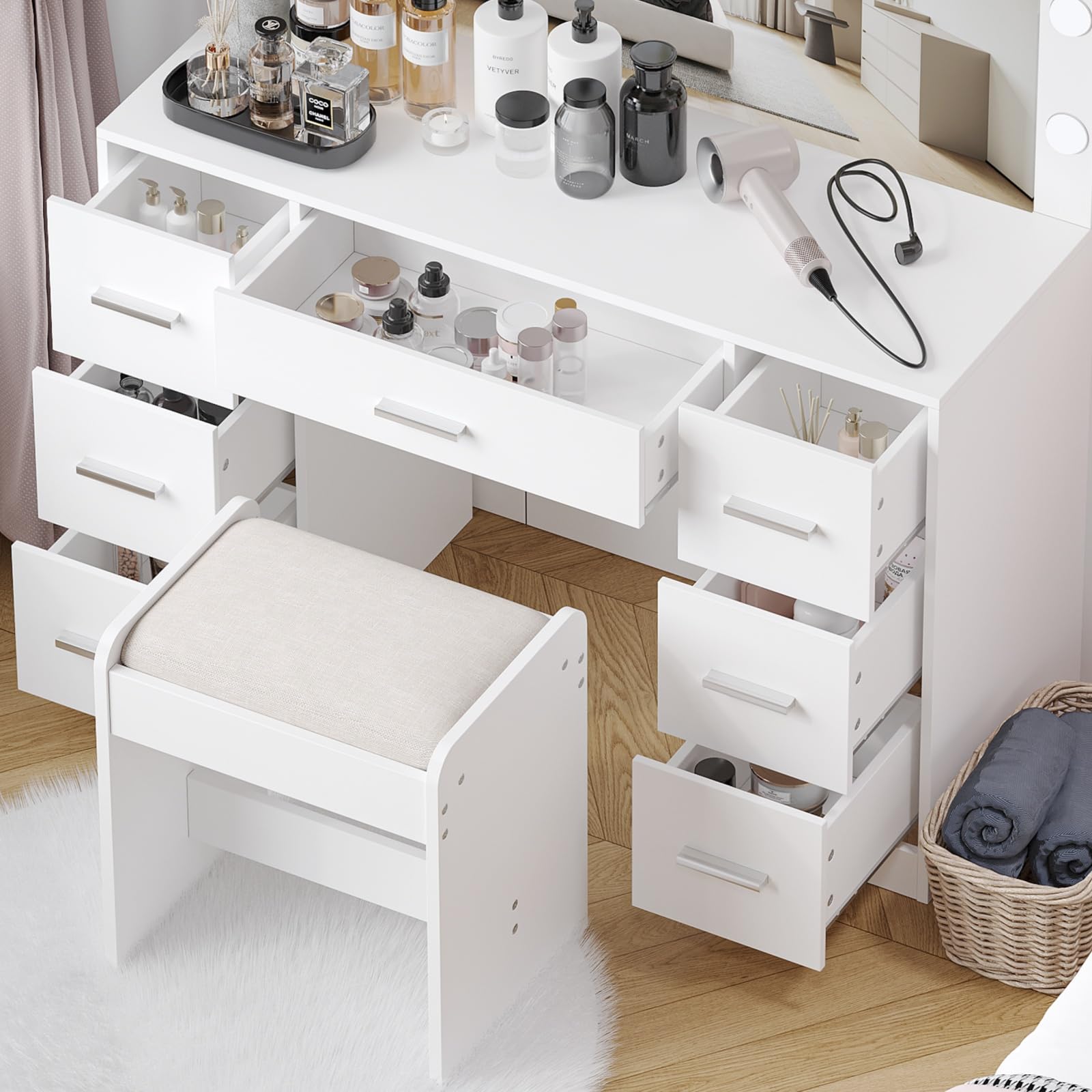 Irontar Vanity Desk with Stool, Makeup Table with Lighted Mirror, 3 Color Lighting Modes, Brightness Adjustable, Dressing Table with Drawers, Vanity Table Set for Women, White WDT004WD