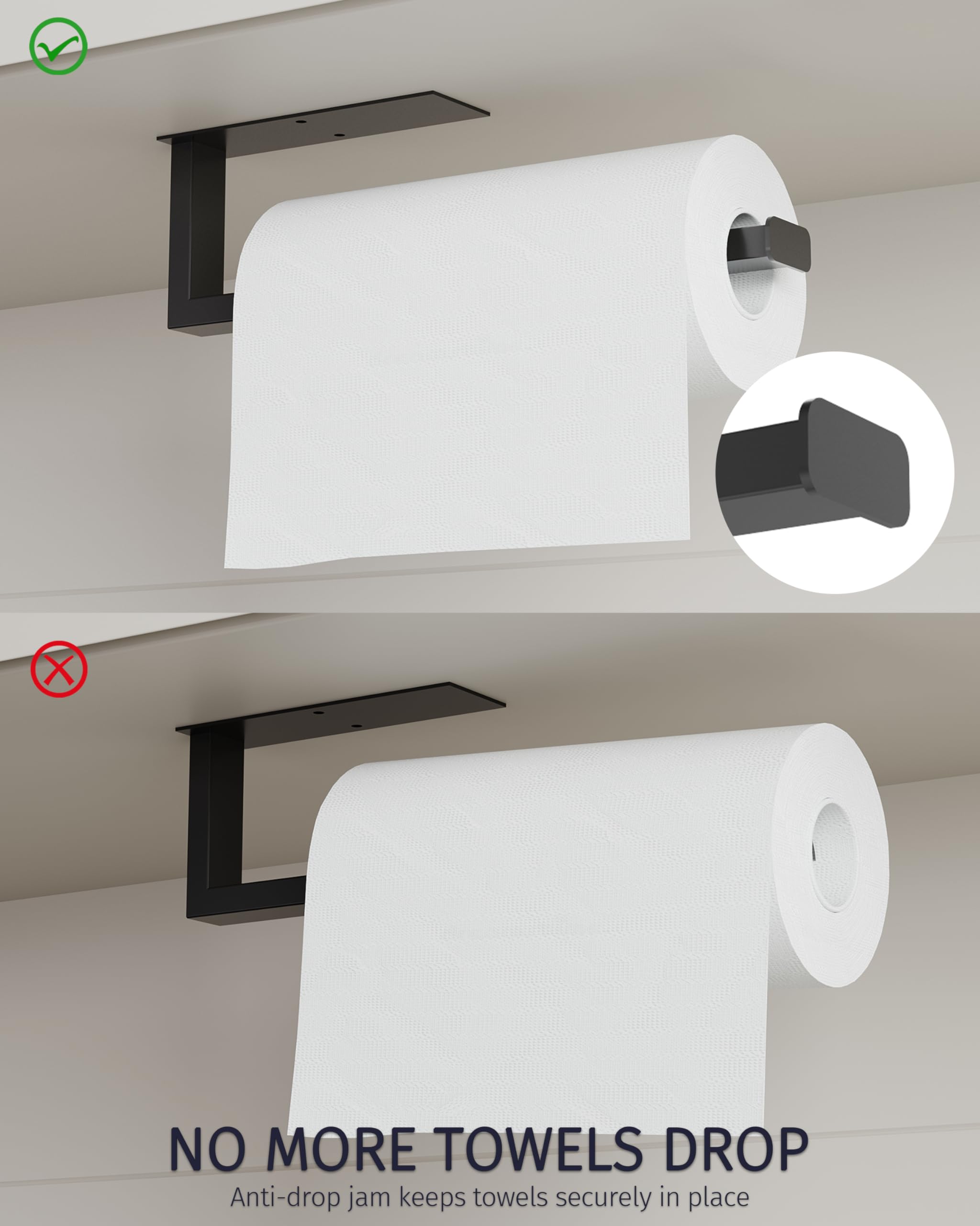 WZKALY Paper Towel Holder, SUS304 Stainless Steel Under Cabinet Paper Towel Bar, Self Adhesive or Wall Mount, Paper Towel Roll Rack for Kitchen and Bathroom (Black)