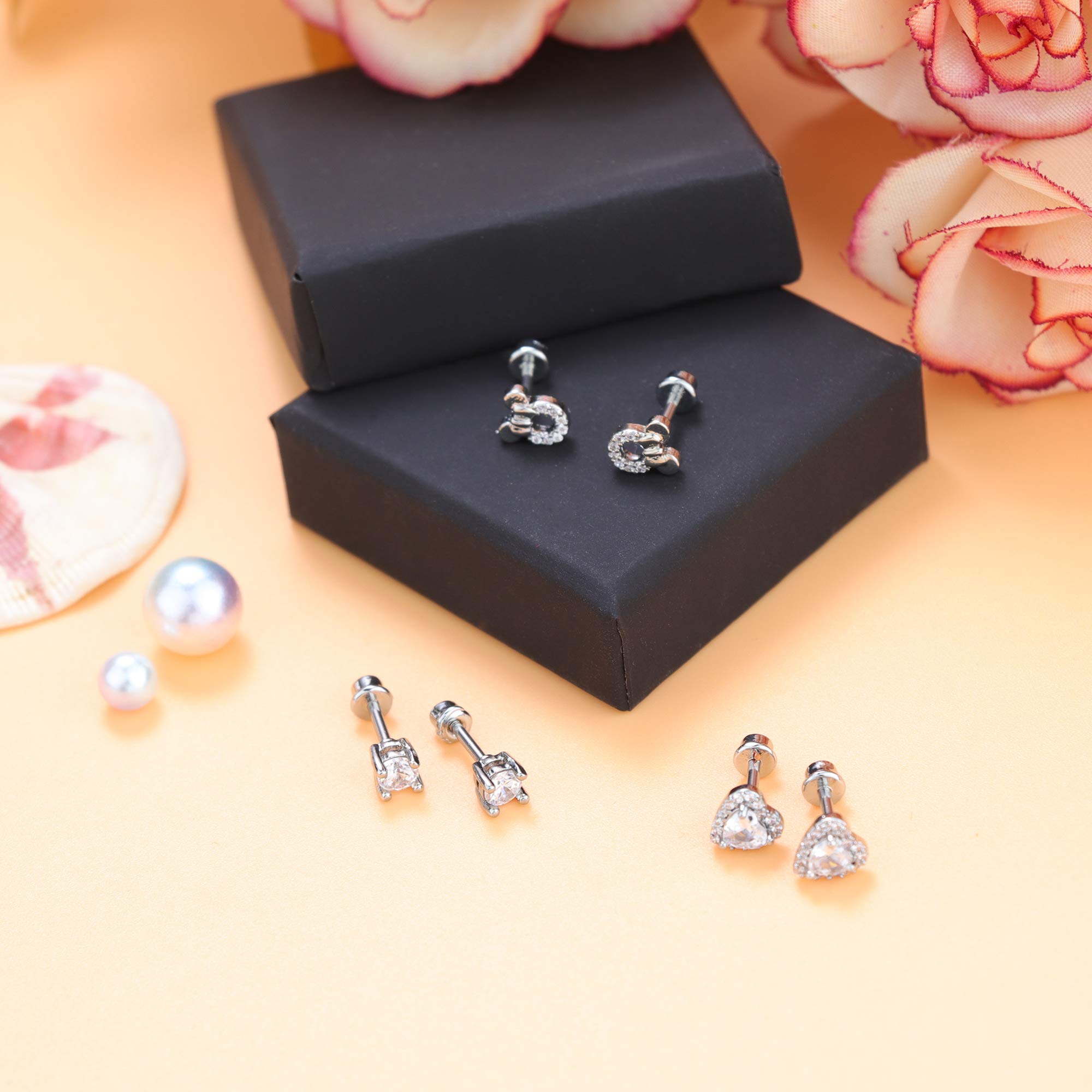 JOERICA 3 Pairs Hypoallergenic Screw Back Earrings for Women Surgical Steel Cute Heart Butterfly CZ Tiny Screwback Stud Earring