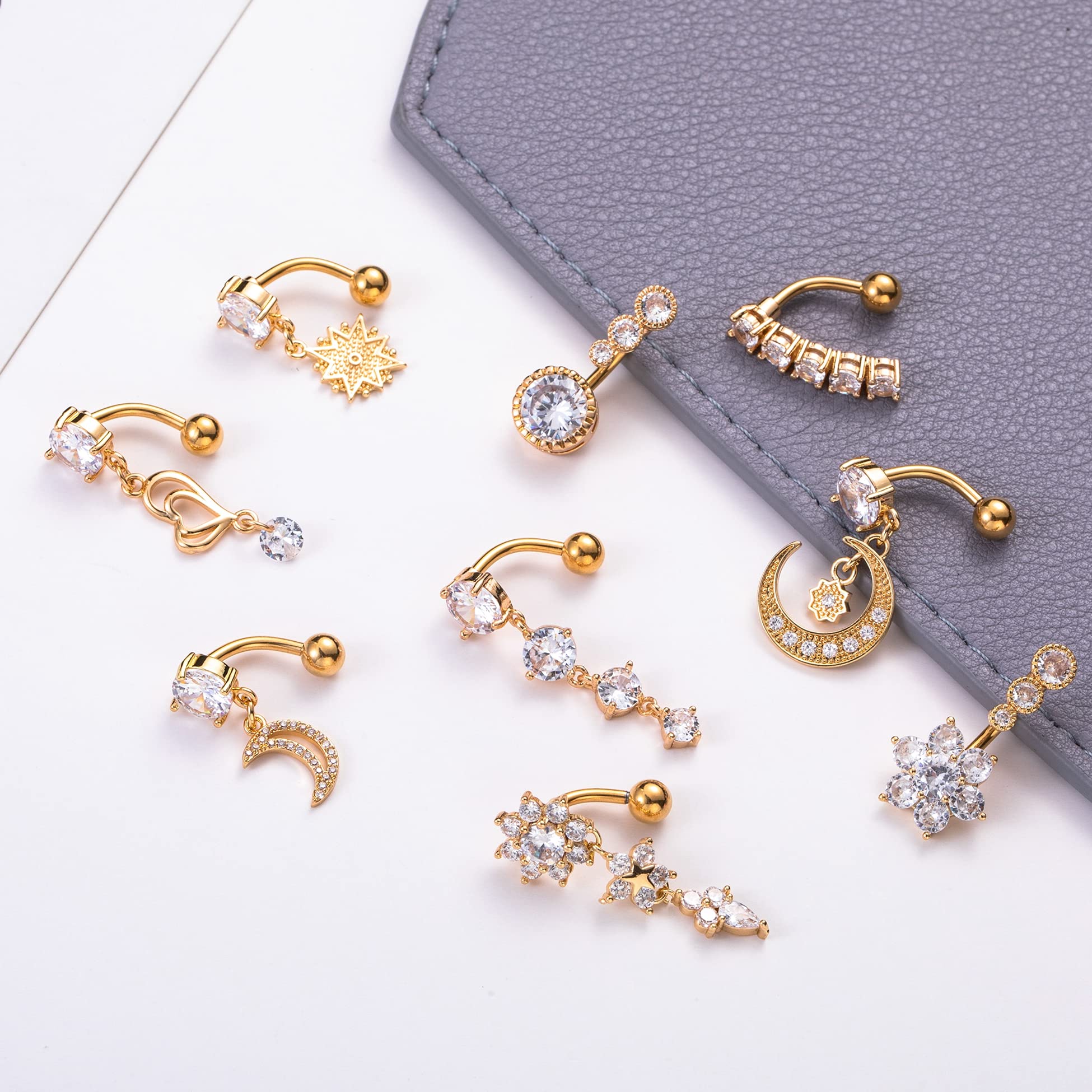 Masedy 9Pcs 14G Stainless Steel Dangle Belly Rings for Women Reverse Navel Rings Curved Barbell Body Piercing Jewelry Gold
