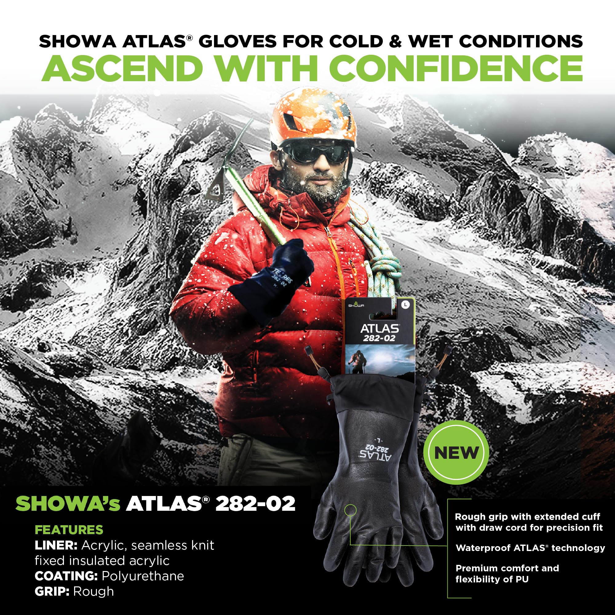SHOWA 282-02 Waterproof Breathable Insulated Winter Snow Sports Glove with Extended Cuff, Large (1 Pair),Black