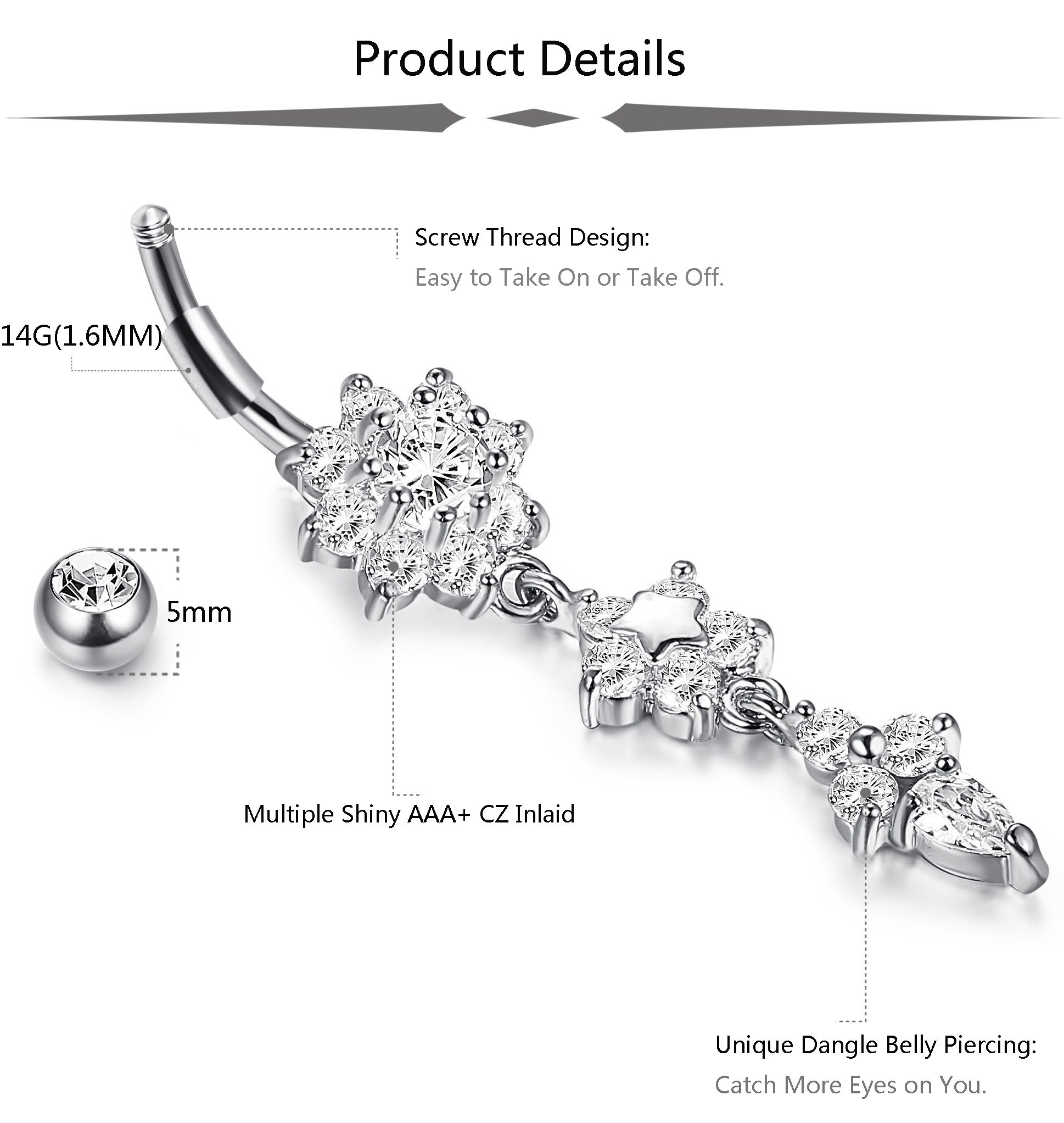 JOERICA 3Pcs 14G 316L Stainless Steel Belly Button Rings for Women Flower CZ Dangle Belly Button Rings Navel Piercing Jewelry