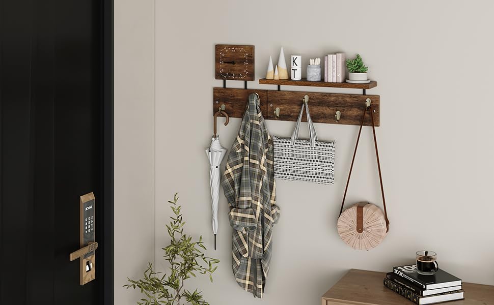 X-cosrack Coat Rack Wall Mount, Wooden Wall Mounted Storage Rack with Clock and 6 Hooks,Hanging Coat Rack with Shelf for Entryway, Bathroom, Living Room, Bedroom