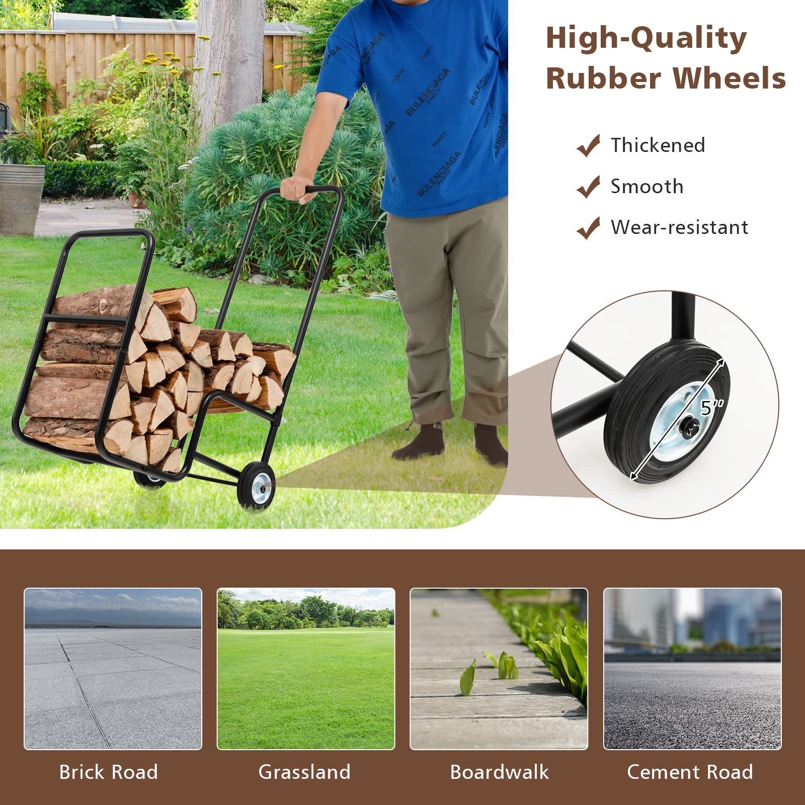 Safstar Firewood Log Cart Carrier, 2.9ft/35β Height Wood Rack Storage Mover w/2 Rubber Wheels & Ergonomic Handle, Heavy-Duty Steel Fireplace Log Carrier Mover, Rolling Firewood Cart for Indoor Outdoor