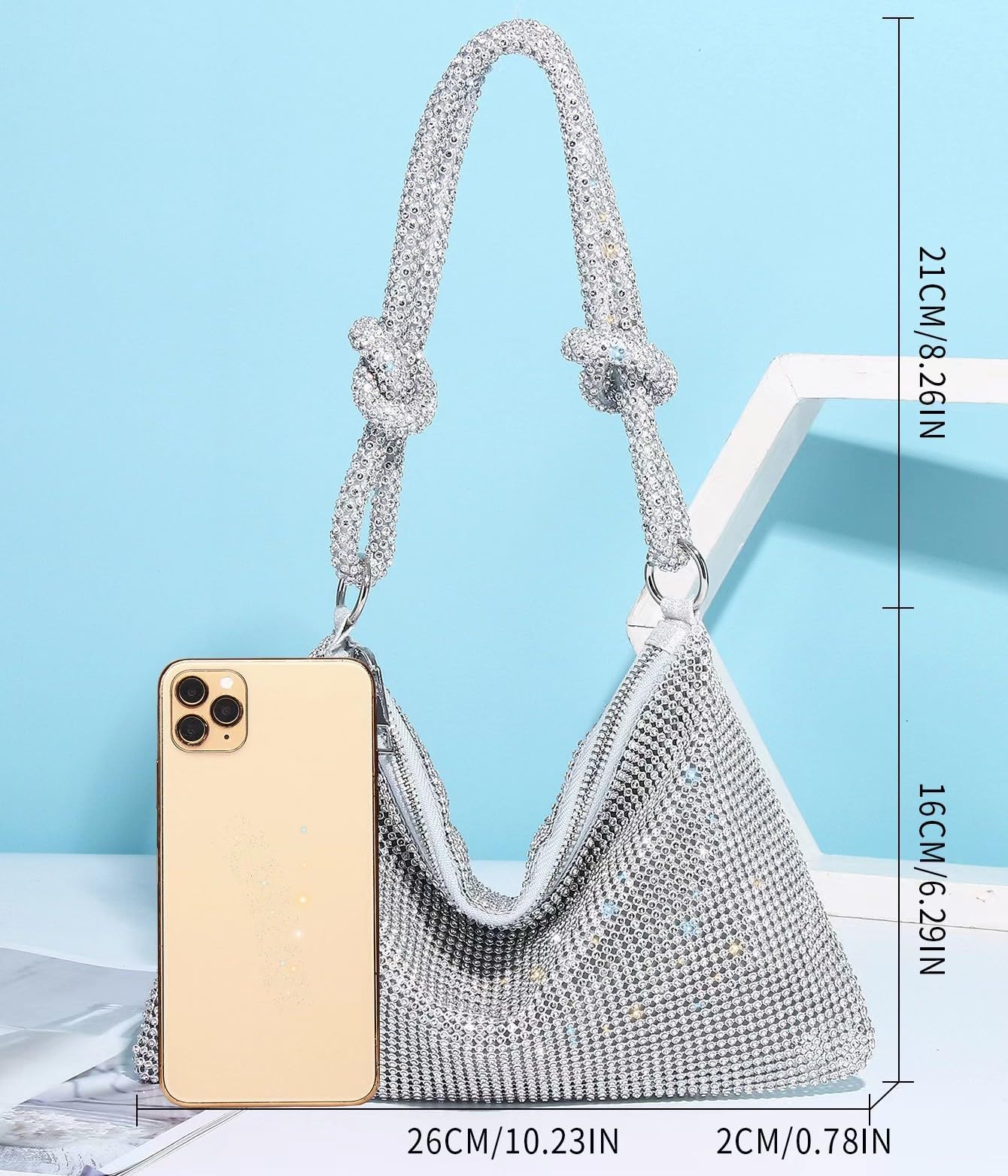 RichCoco Rhinestone Evening Purses for Women Hobo Bags Chic Sparkly Crystal Cluth Purse Bling Shiny Handbag for Party Club (Silver)