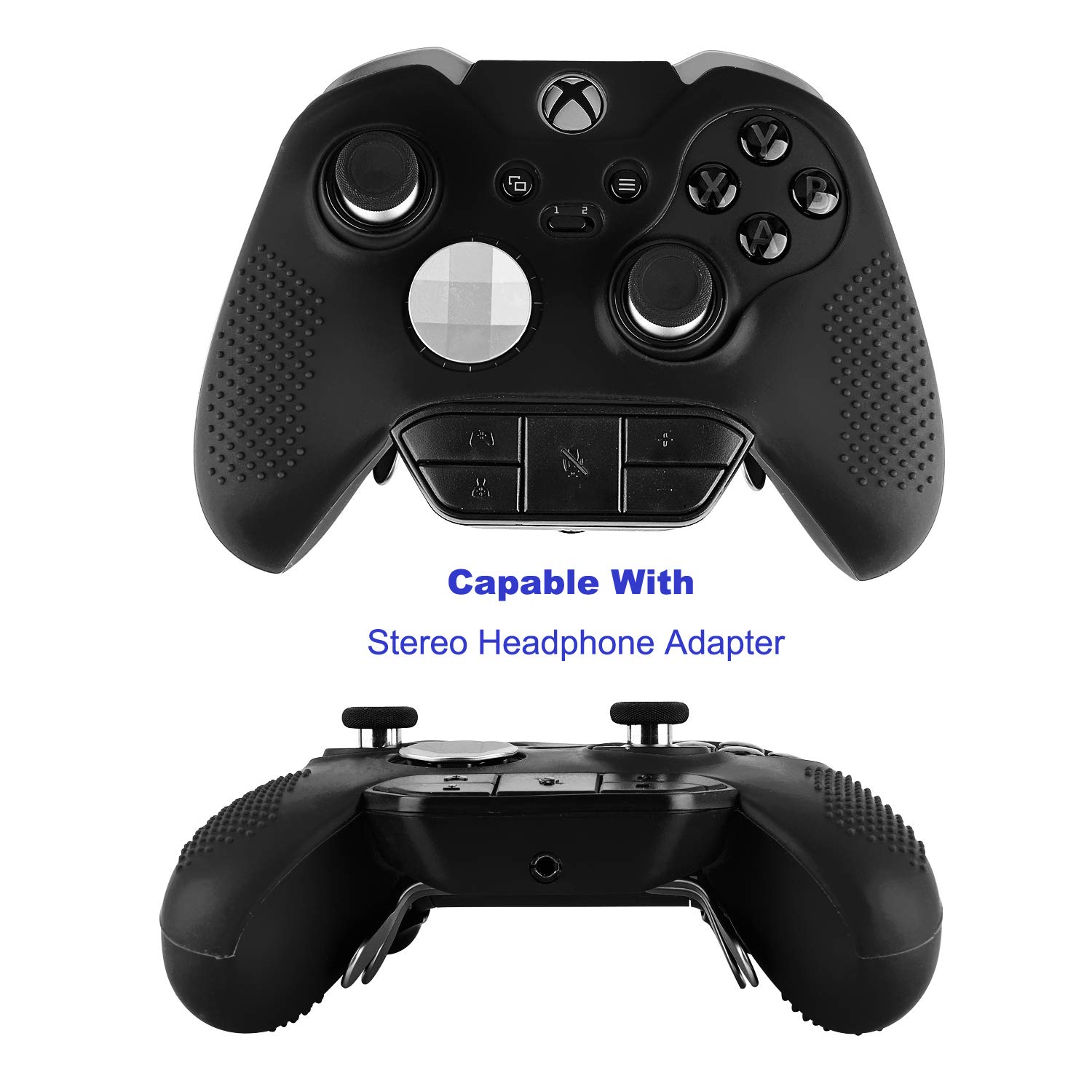 Jadebones Soft Silicone Protective Skin Anti-Slip Cover Case with 8 Rubber Thumb Grips Caps for Xbox One Elite Controller Compatible with Official Stereo Headset Adapter (Black)
