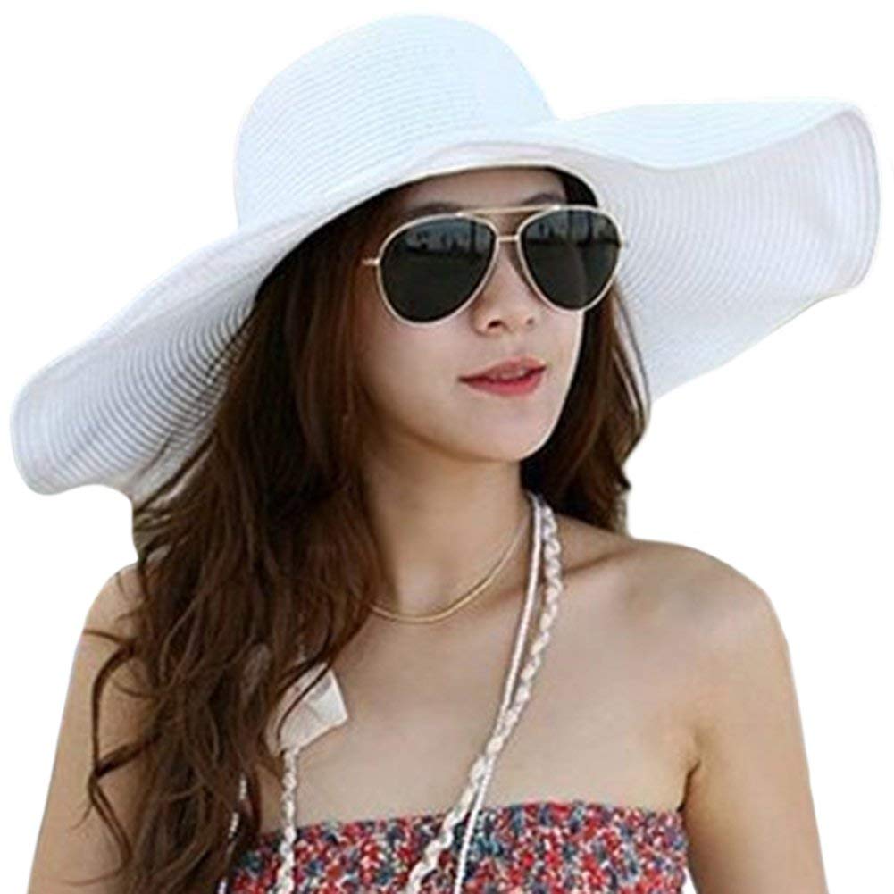 Itopfox Women's Beachwear Sun Hat Striped Straw Hat Floppy Big Brim Hat WT, White, One Size