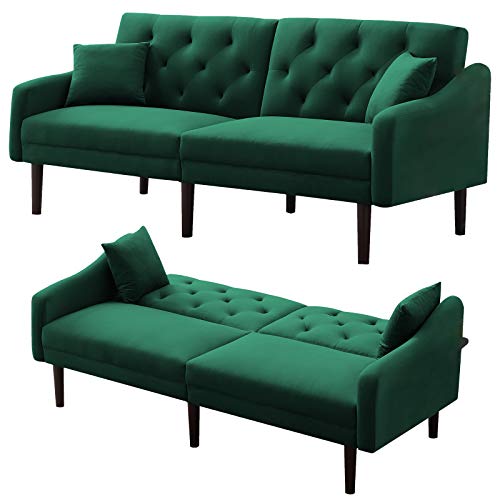 LoLado Futon Sofa Bed Convertible Sleeper Sofa Couch wit Armrests Modern Velvet Sofa Bed for Living Room Office Folding Recliner Futon Couch with Wood Legs (Green)