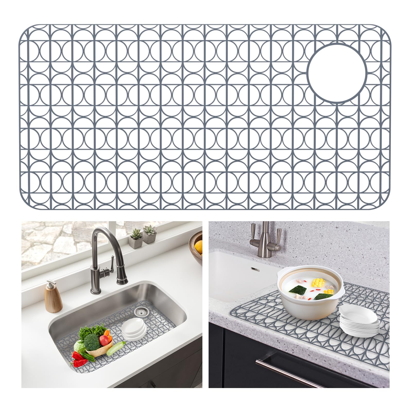 Kitchen Silicone Sink Protector Mat 28''×14'' Farmhouse Sink Protectors for Stainless Steel Kitchen Grey Sink Grid with Rear Drain
