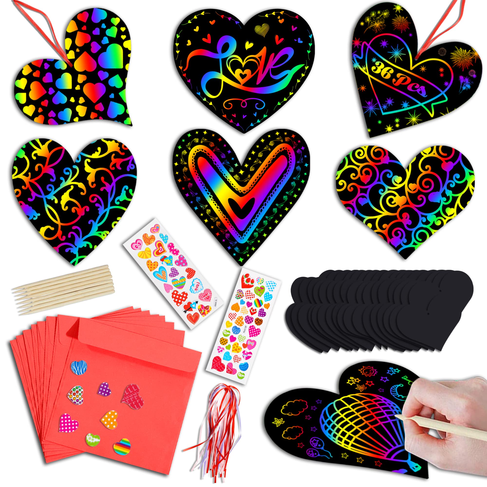 Natonhi 36 Pack Valentines Day Gifts Card for Kids,Heart Rainbow Scratch Art Paper Valentine Crafts for Kids Party Favors Classroom Exchange Prizes