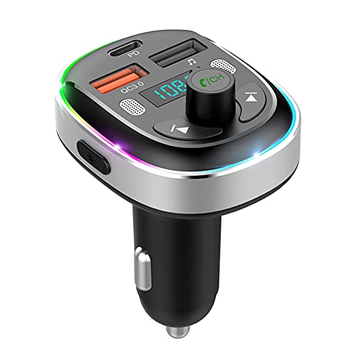 LUPATDY Bluetooth 5.3 FM Transmitter Car Adapter with Dual Mics and Noise Cancellation, 7Colors Light, HiFi Bass Sound, QC &PD Fast Charging AUX Car Bluetooth Wireless Stereo Audio