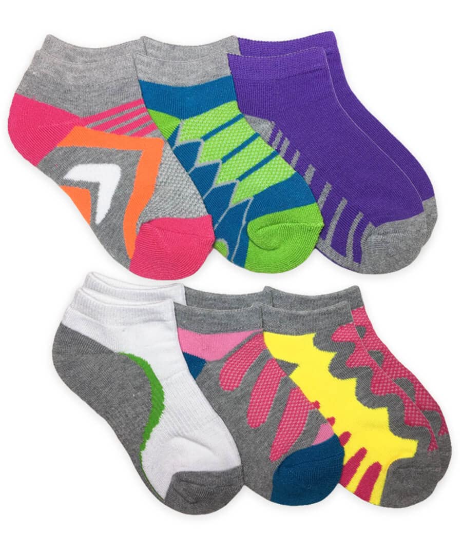 Jefferies Socks Girl's Tech Sport Colorful Pattern Cushion Low Cut Socks 6 Pack, Multi, Large
