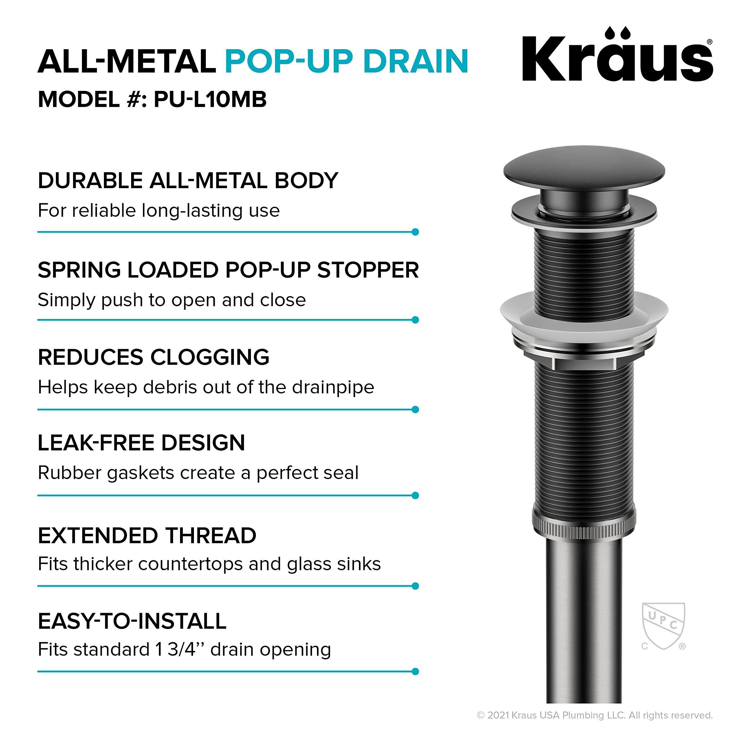 Kraus PU-L10MB Bathroom Pop-Up Drain Assembly for Vessel Sinks Without Overflow, with Extended Thread for Thicker Countertops, 10 3/4 Inch, Matte Black