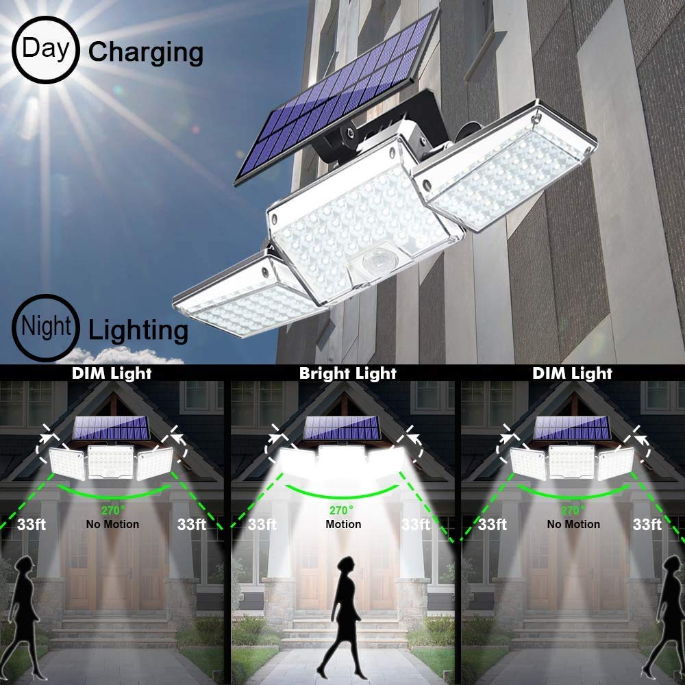 JosMega Upgraded Larger 130 LED Solar Powered Motion Sensor Flood Security Wall Lights Outdoor IP65 Waterproof 3 Head 360° Adjustable Spotlights for Porch Garden Patio Yard Garage Pathway 2 Pack