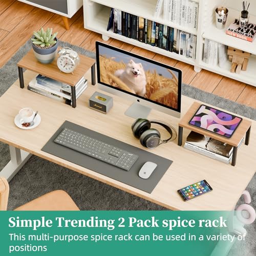 Simple Trending Cabinet Organizer Shelf,Expandable,Stackable Set of 2 Kitchen Counter Organizer Shelves for Spice Rack Desk Organizer, Metal and Wood, Natural and Black