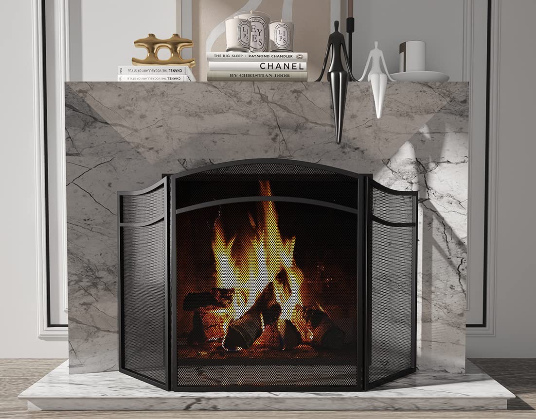 Lizh Metalwork 3 Panels Fireplace Screen with Arch Frame Simple Design 48"(L) x 29"(H),Black