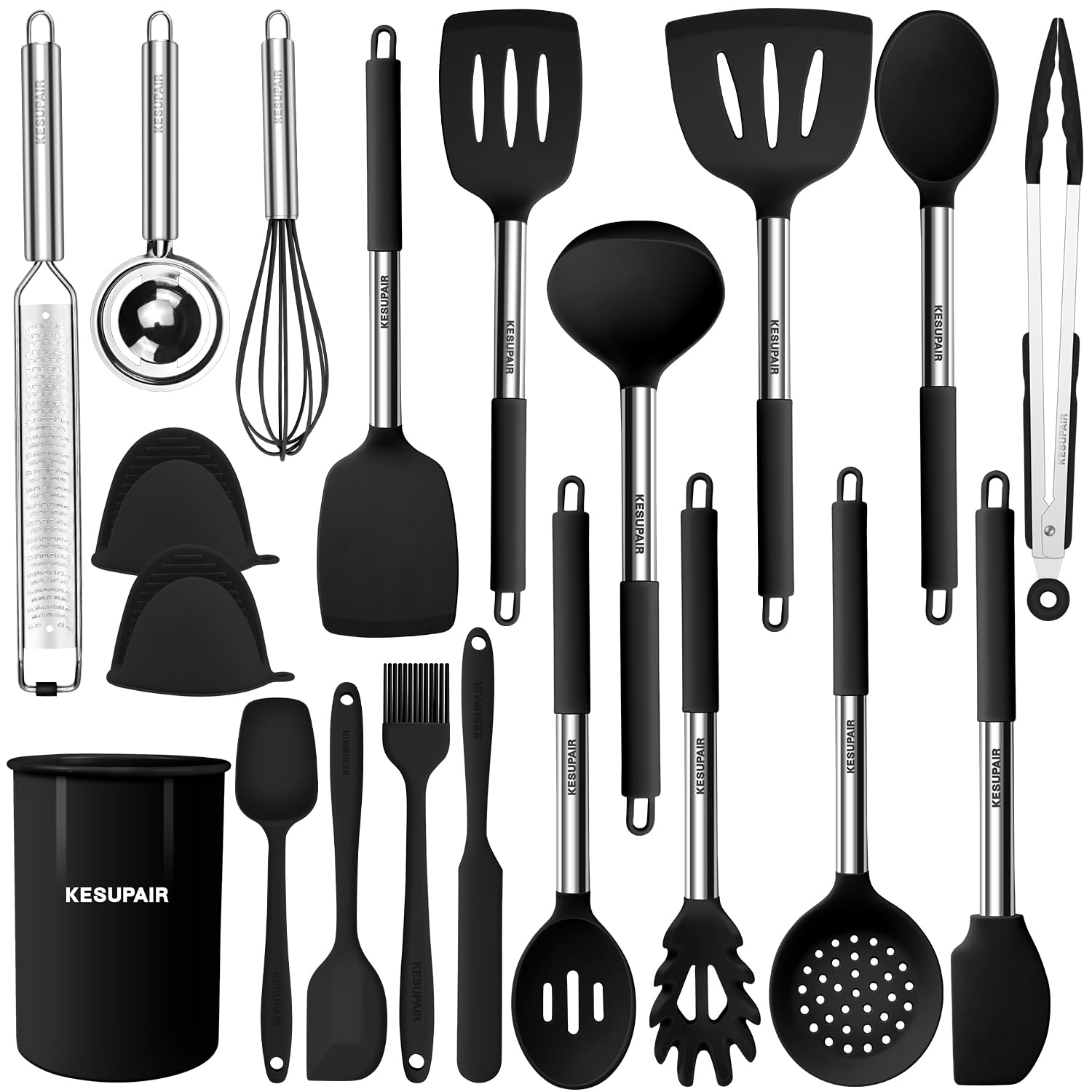 KESUPAIR Silicone Kitchen Utensils Set, 20 pcs Cooking Utensils Set-Cooking Utensil - Kitchen Gadgets and Tools with Holder-Stainless Steel Kitchen Utensil with Grater,Turner,Tongs (Black)