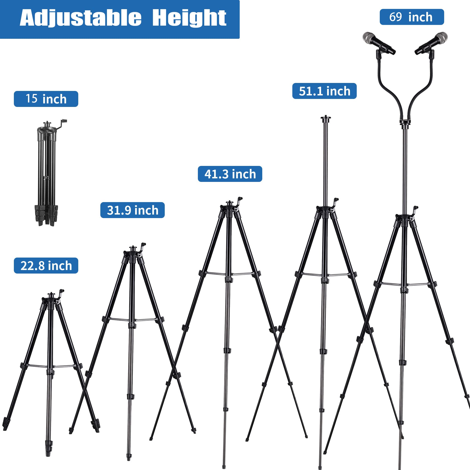Kereal Microphone Stand Tripod Double Gooseneck for Most Mic, Portable Multifunction Mic Floor stand Adjustable Height 15” to 69” with Two Mic Clip and Phone Holder for Singing, Studio, Karaoke,DJ