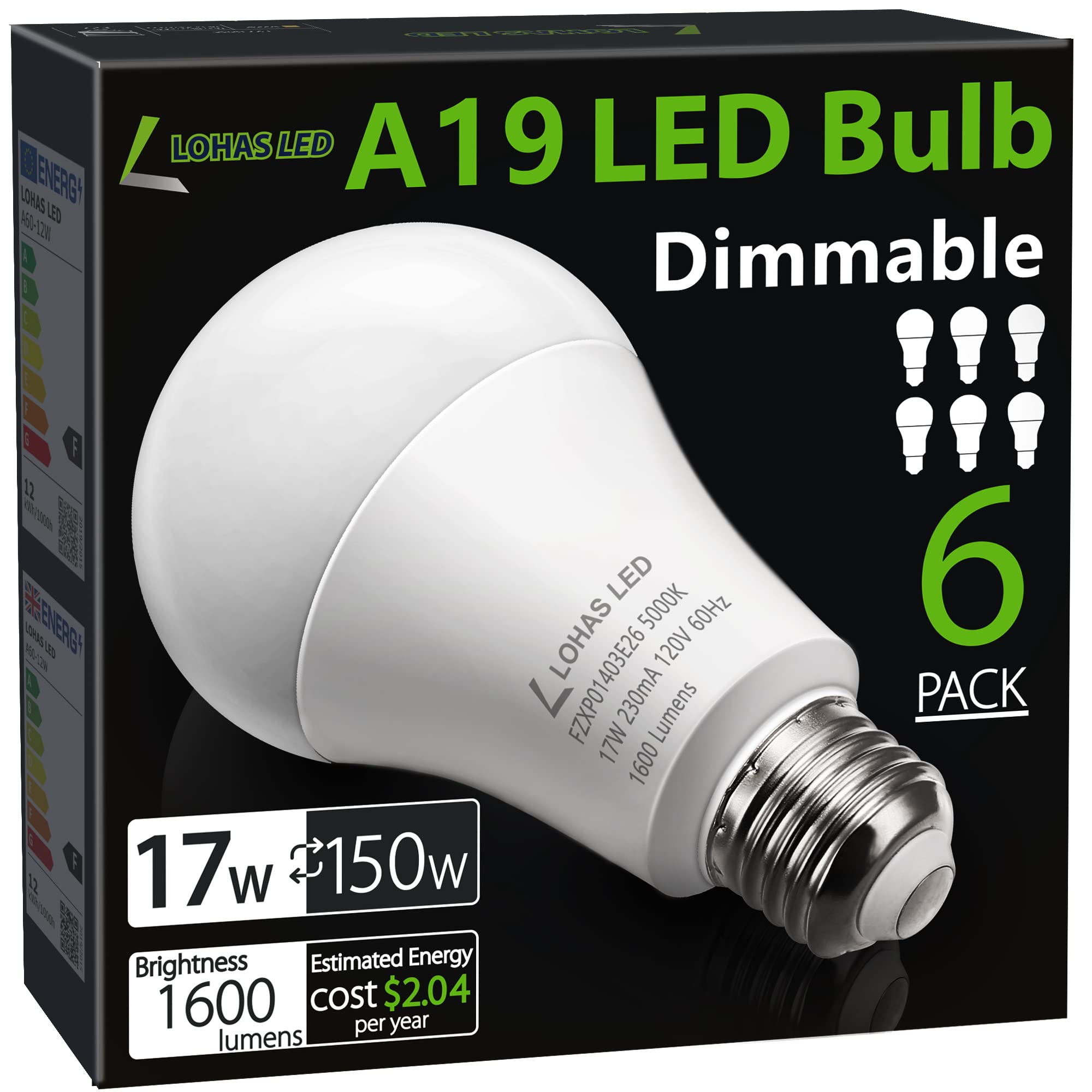 LOHAS LED Light Bulbs 150W Equivalent, Daylight White 5000K Dimmable A19 Bulb 17 Watt, 1600 Lumen Energy-Efficient Light Bulb, E26 Medium Base for Living Room, Kitchen, Bedroom (6 Packs)