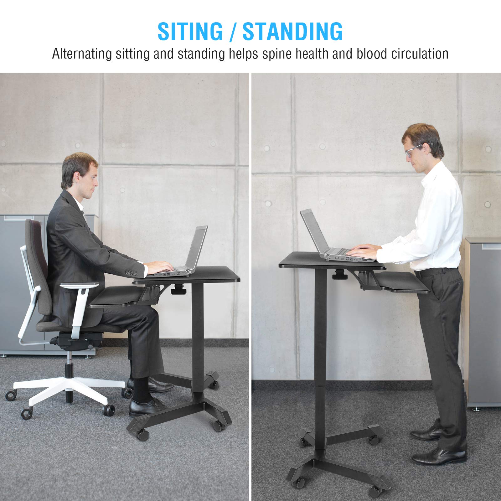 LGHM Rolling Desk, Mobile Desk Height Adjustable, Mobile Laptop Desk with Keyboard, Mobile Standing Desk w/4 Lockable Casters, Home Office Stand Up Desk Pneumatic Gas Spring Sit Stand Table (Black)
