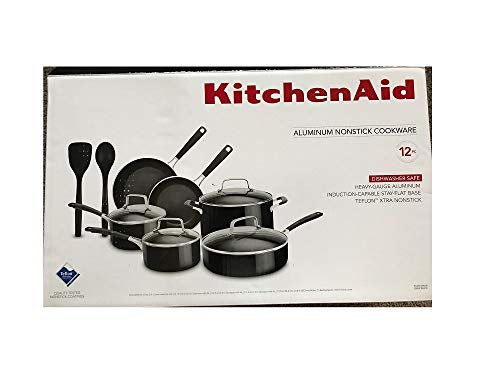 KitchenAid 12 Piece Heavy-Gauge 4.0 Stainless Steel Base Induction Dishwasher Safe Aluminum Nonstick Cookware Set Onyx Black
