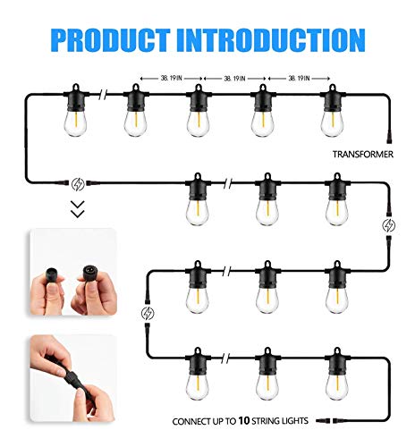 L.A. NOVA 48ft LED Outdoor String Lights with 15 ST14 Bulbs Indoor Outdoor Lights for Patio Garden Backyard Pool, 16.4ft Extension String and 2 pcs Filament