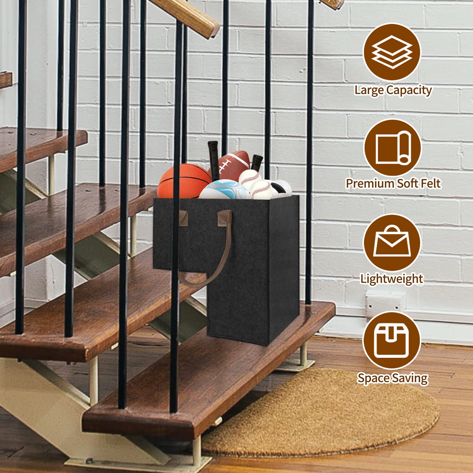 MODOWEY 2Pcs L-Shape Stair Basket Organizer, Foldable Fabric Staircase Storage Organizer with Faux Leather Handles, Large Stair Storage Organizer for Laundry, Toys, Household Items