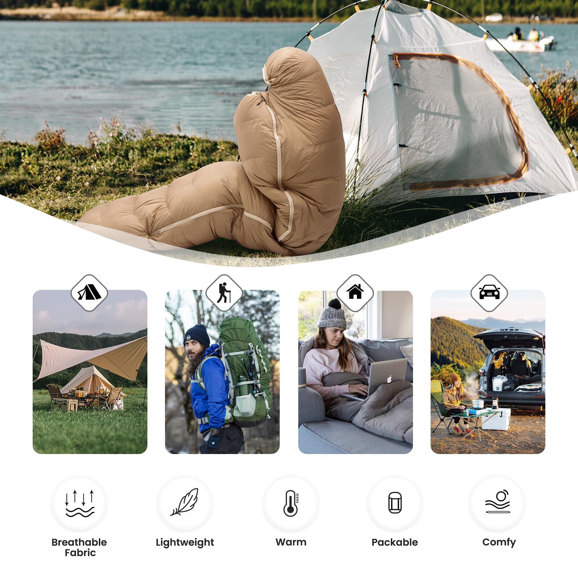 MOUNTAINTOP Down Fill Sleeping Bag for Adults Ultralight Backpacking Sleeping Bag Comfort with Compression Sack - 4 Seasons for Camping Hiking Traveling
