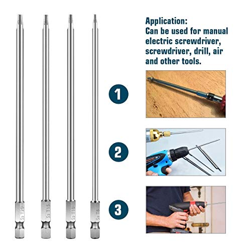 Rocaris 10pcs 6 In T8 - T40 Security Torx Bit Set - Torx Star Drive Security Screws - S2 Steel, 1/4 Inch Hex Shank - Fit All Standard Bit Holders Air and Power Tools