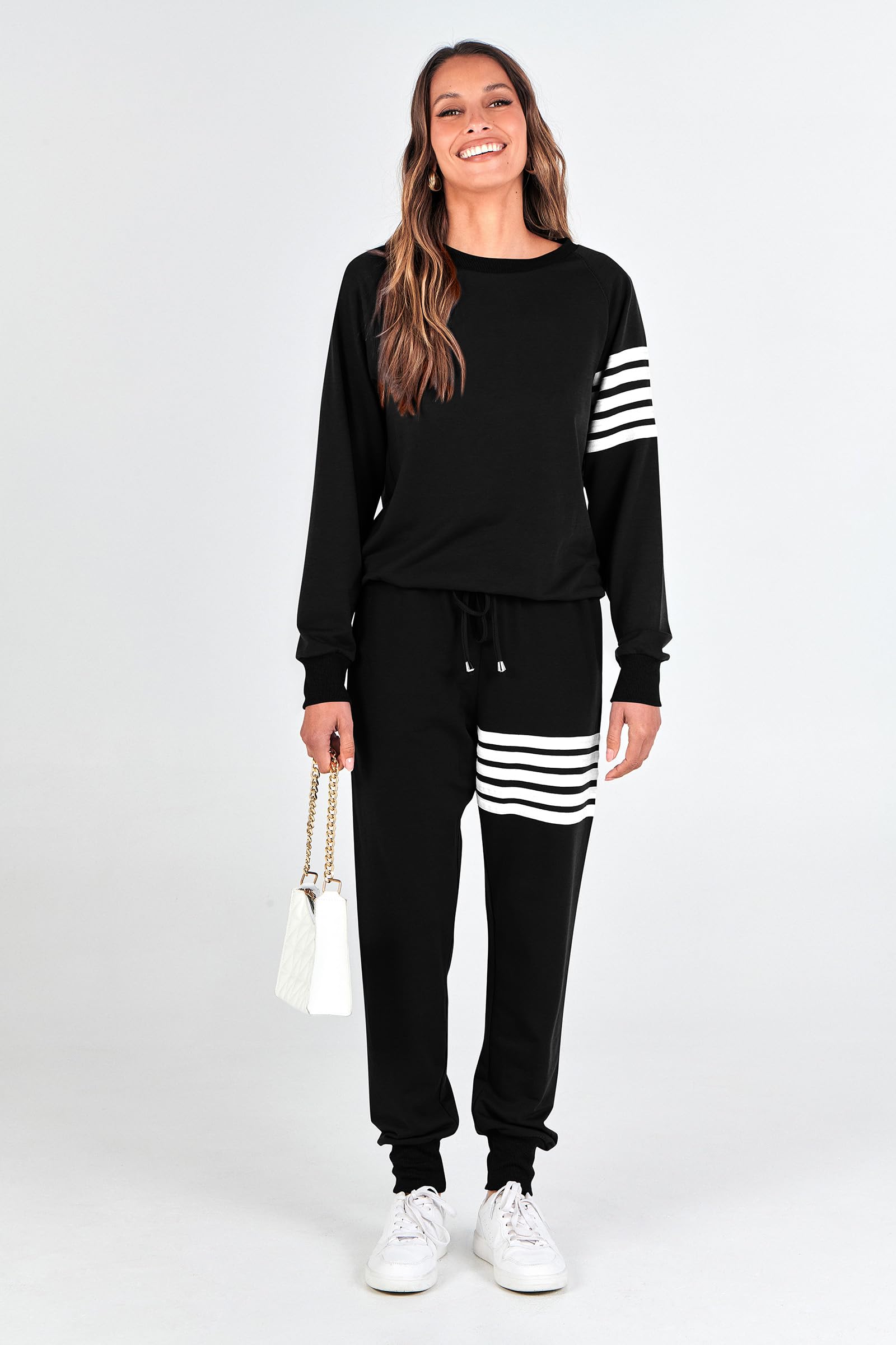 PRETTYGARDEN Women's Two Piece Striped Outfits Casual Long Sleeve Top and Sweatpants Matching Tracksuit Jogger Set (Black,Medium)