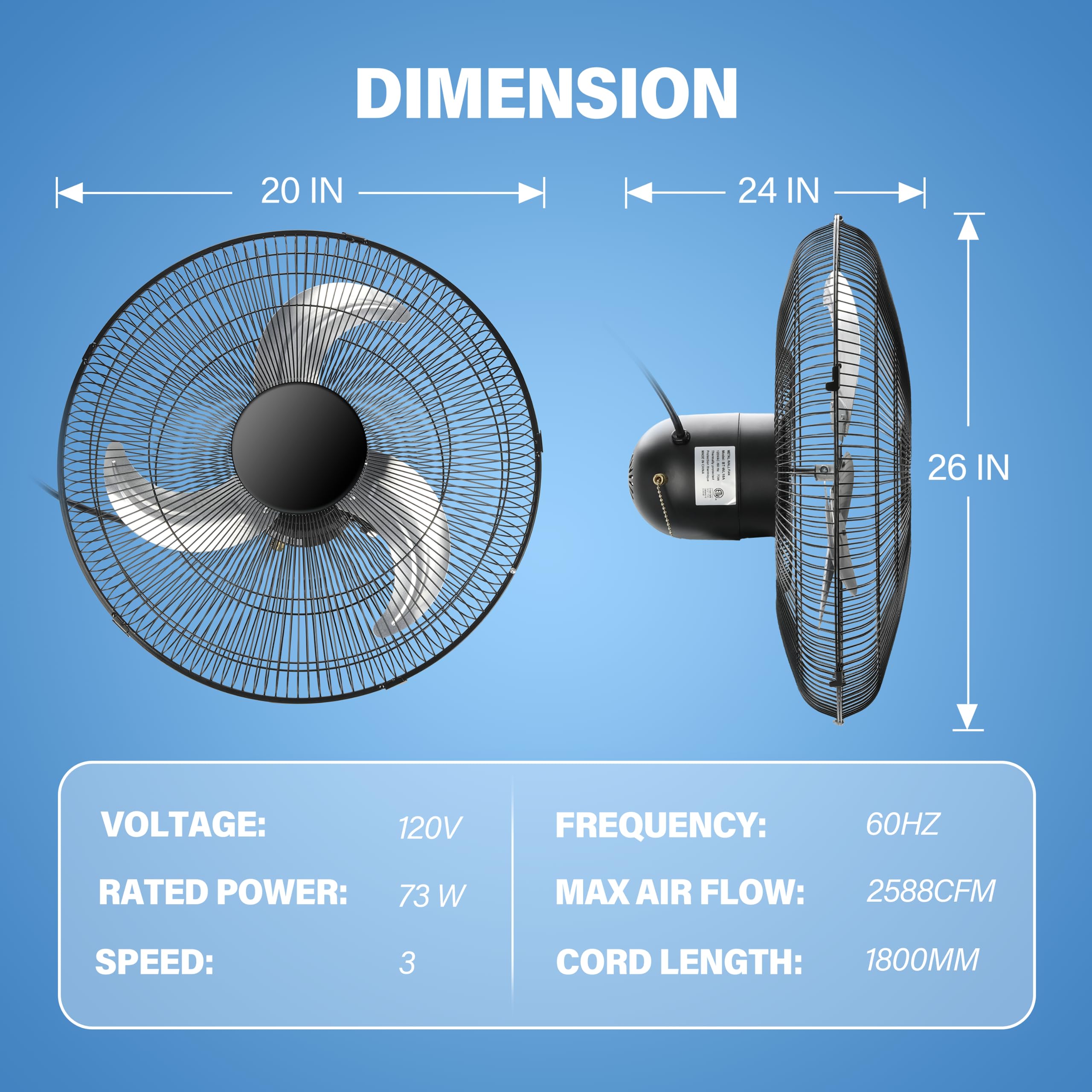 Simple Deluxe Cool Breeze 18-Inch Wall Mount Fan with 3 Speed Settings, 120-Degree Oscillation, Quiet and Effective Cooling for Home, Garage, or Workshop,Black