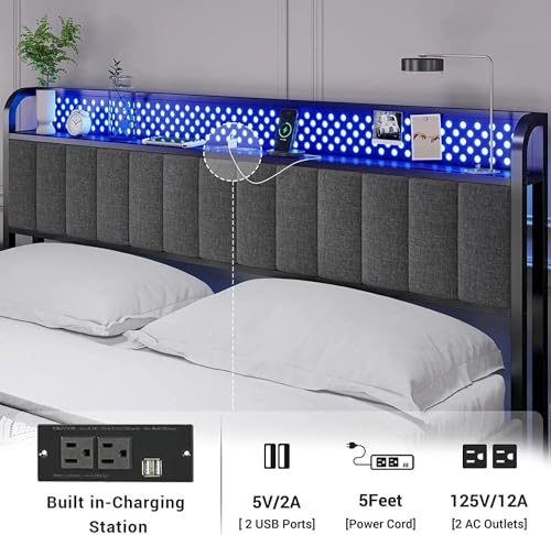 KAHXI LED King Size Bed, Modern Frame with LED Lights Headboard Upholstered Platform Bed,Dark Grey Bed Comfrot for Youth, Adult Bedroom, No Box Spring Needed, Noise-Free