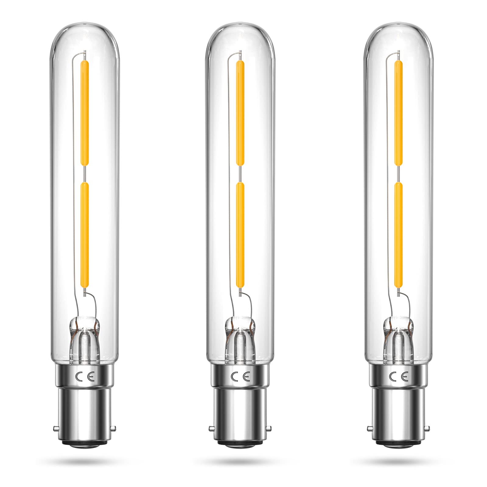 Luxvista 2W Dimmable LED T6.5 Tubular Filament Bulb - BA15D Double Contact Bayonet Base Appliance LED Lights 20W Equivalent for Exit Sign Light Chandeliers 120V Warm White 2700K (3-Pack)