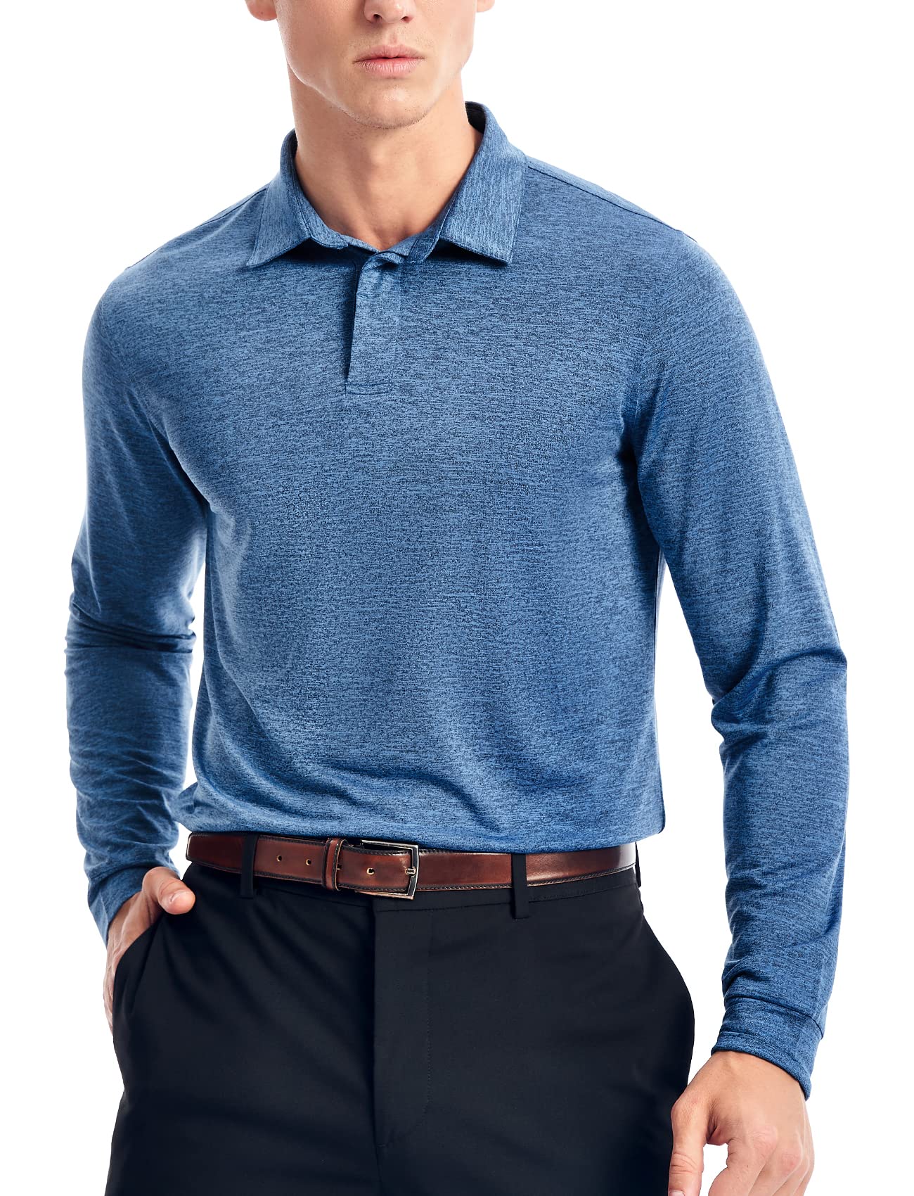 Long Sleeve Golf Shirt Men-Athletic Fit Polo Shirts Quick Dry(Navy Heather,L)