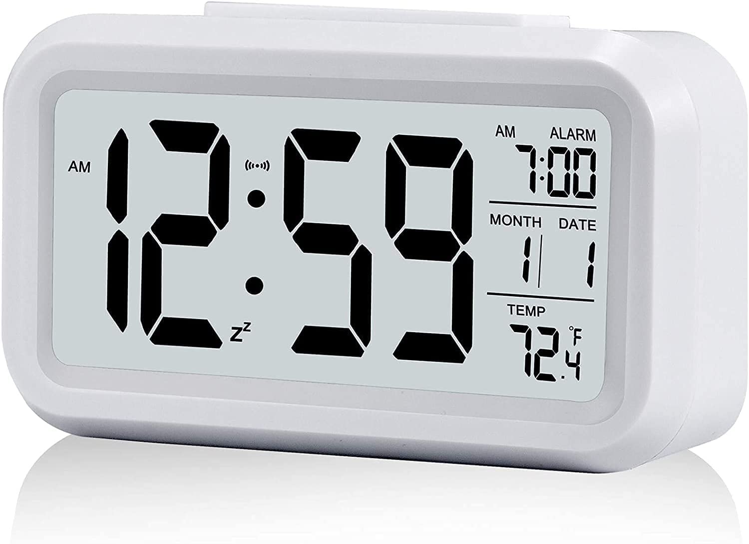KAIJIELY Upgraded Digital Alarm Clock, 4.3" LED Display with Temperature Larger Lound Light Control Portable Snooze Calendar Brightness with Battery Powered Alarm Clocks Bedside for Everyone (White)