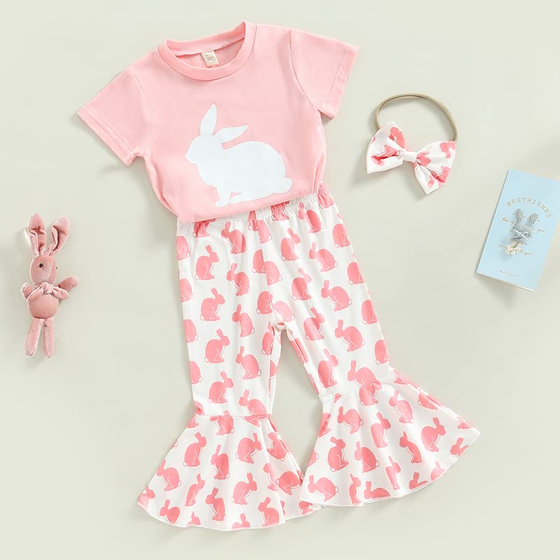YINGISFITM Baby Girl Easter Outfit Bunny Print Short Sleeve Tee Tshirt Pants Toddler Bell Bottoms Summer Clothes 2Pcs Set (1-2T,Pink Rabbit)