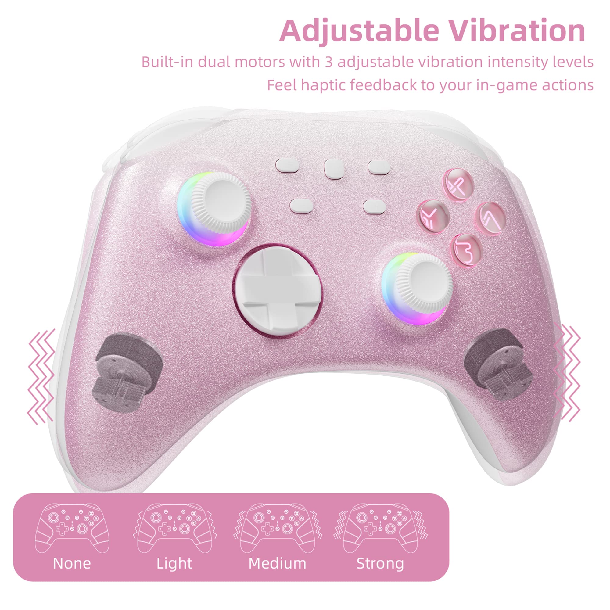Pink Wireless Switch Controller for Switch/OLED/Lite Steam Deck, Pro Controller with Turbo, Motion, Vibration, Wake-Up, Headphone Jack and Dynamic Joystick RGB Lighting, Gaming Genshin Impact