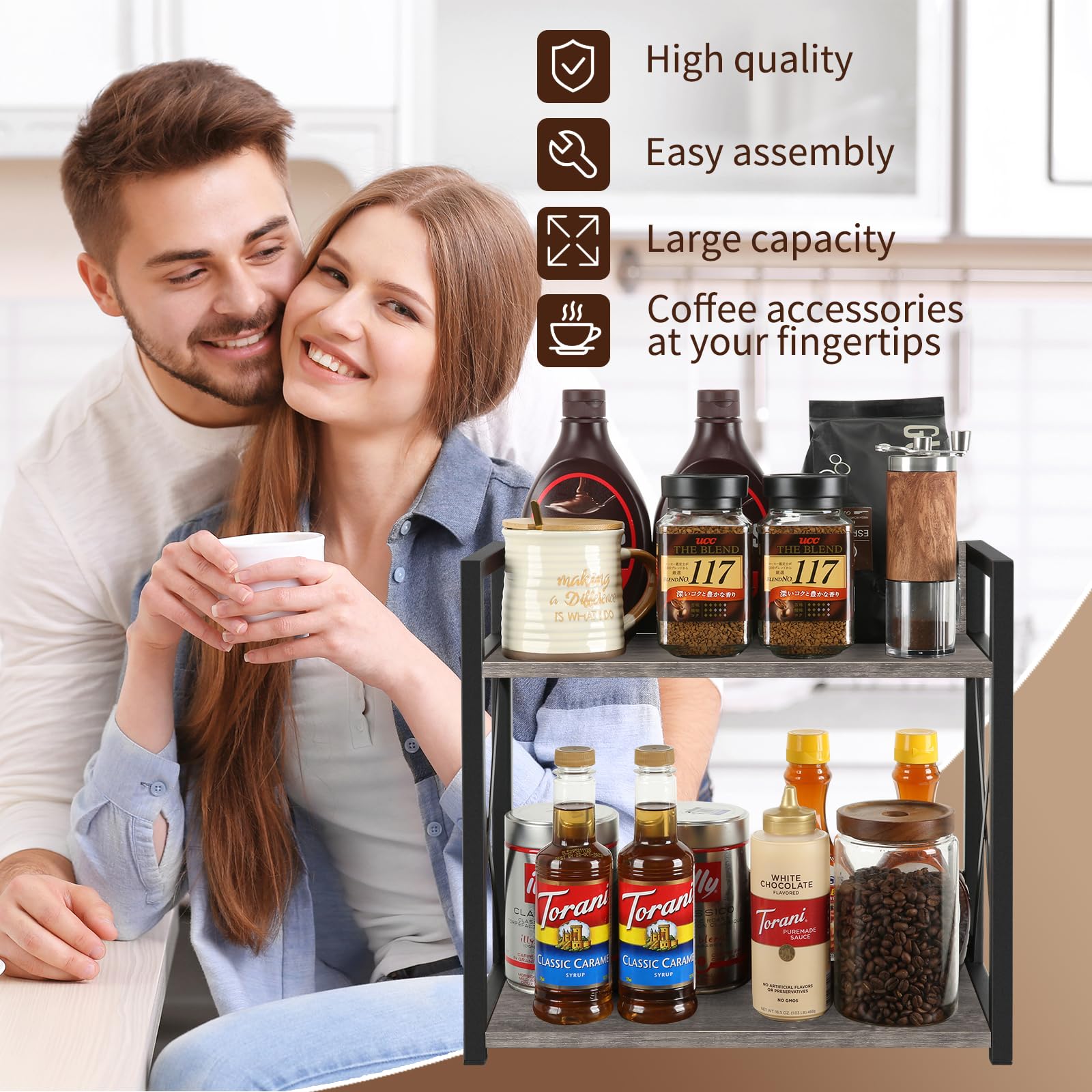 YINMIT Coffee Bar Accessories Organizer, Spice Rack Organizer, Wooden Kitchen Counter Shelf, 2 Tier Coffee Organizer Station for Countertop, Coffee Condiment Rack for Mugs, Cups, Cream, Syrup (Large)