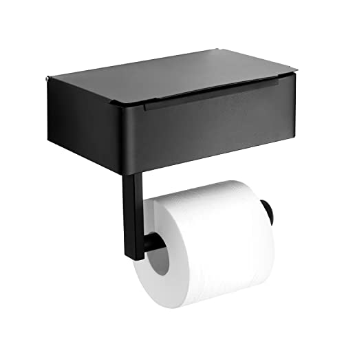 Tactzen Black Toilet Paper Holder, Flushable Wipes Dispenser Bathroom Storage Cabinet with Toilet Roll Holder with Phone Shelf,Stainless Steel Wall Mount Bathroom Organizer (Black-Plane)