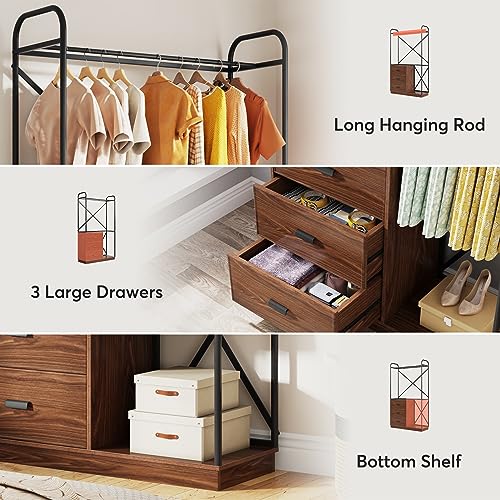 Tribesigns Freestanding Clothes Rack with 3 Drawers, Industrial Garment Rack Wardrobe Closet with Hanging Rod, Heavy Duty Wood Closet Organizer for Bedroom