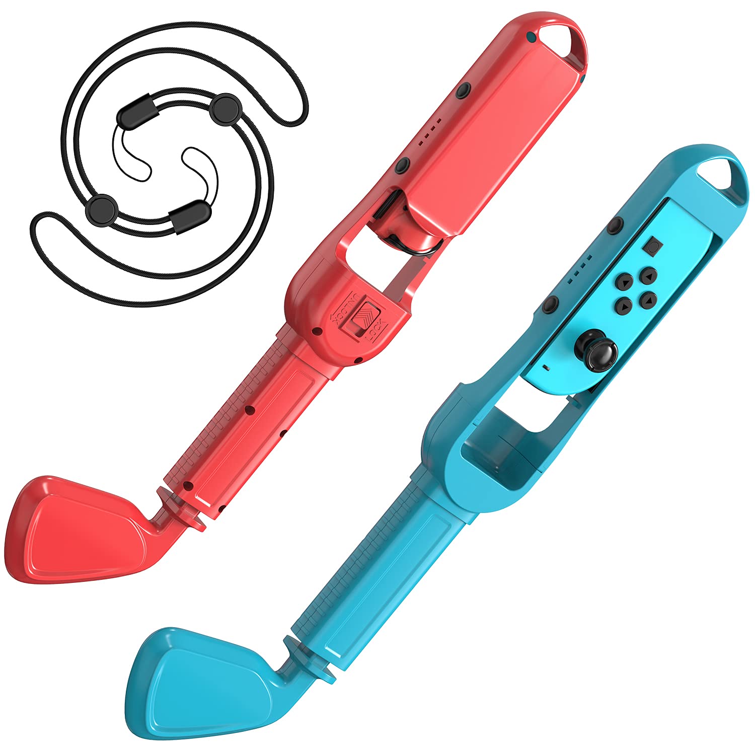 Mario Golf Club for Nintendo Switch/Switch OLED, JUSPRO Adjustable Golf Grip with Hand Strap, Game Accessories Compatible with Mario Golf Super Rush -2 Pack (Red+Blue)