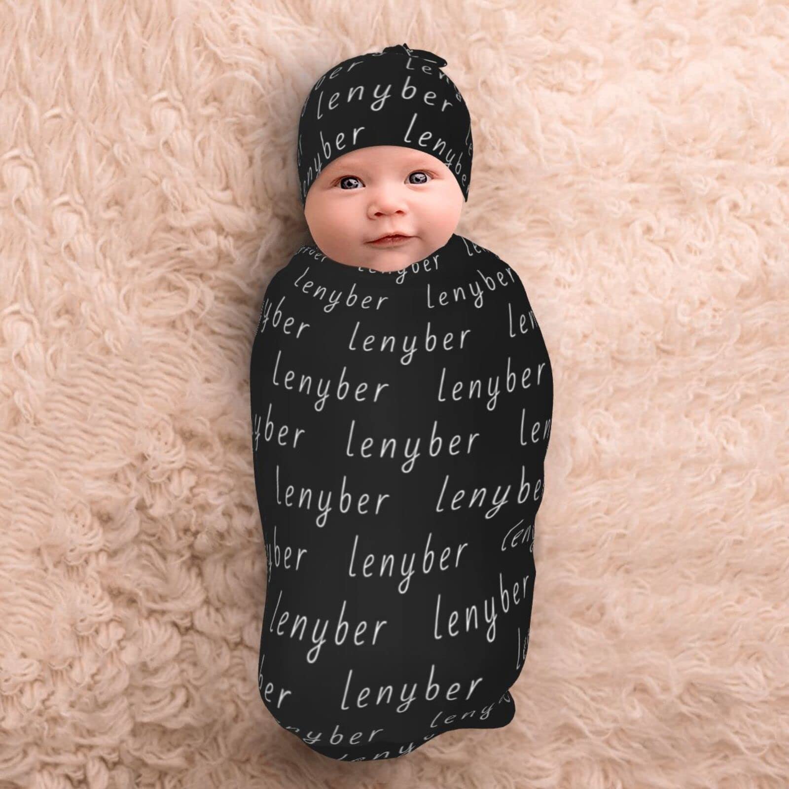 Personalized Custom Baby Blankets and Hat with Name Customized Newborn Infant Swaddle Blanket for Boys Girls Gifts (Style 3, One Size)